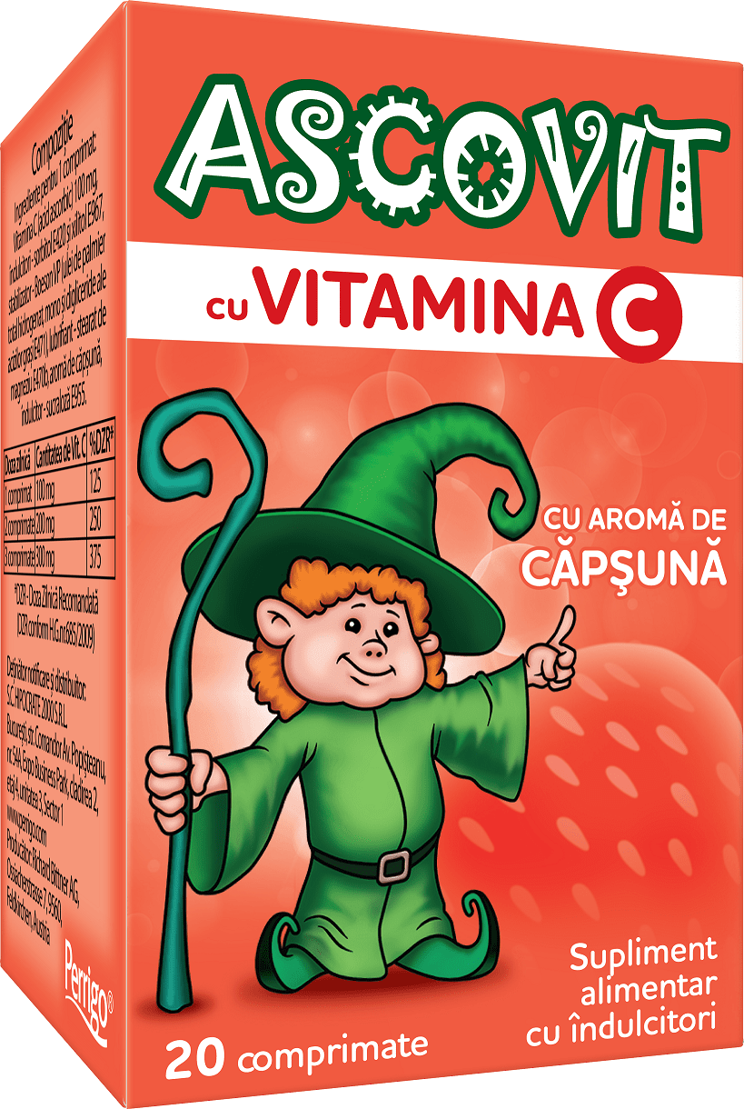 Ascovit cu Vitamina C, 20 comprimate cu aroma de capsuna, Omega Pharm ...