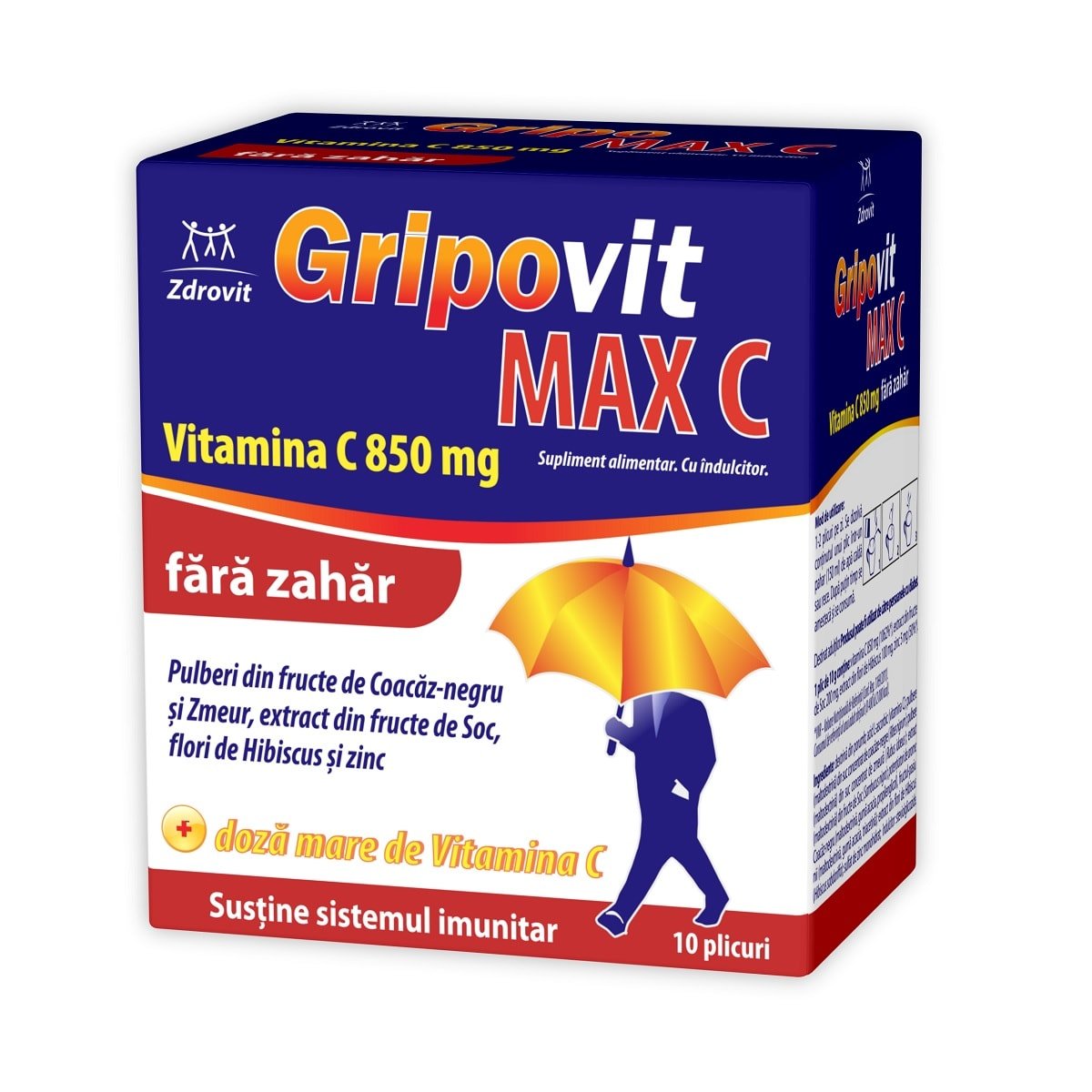 Gripovit Max C 850 mg fara zahar, 10 plicuri, Zdrovit - Farmacia Morpheus