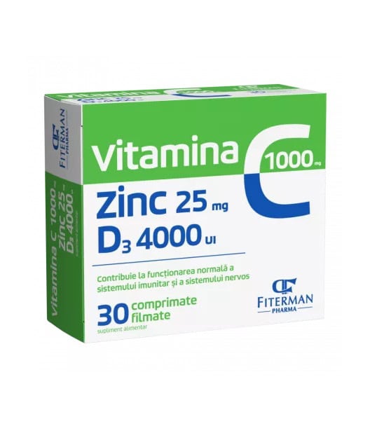 Vitamina C 1000 mg + Zn 25 mg + D3 4000UI, 30 Comprimate Filmate, Fiterman - Farmacia Morpheus