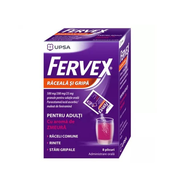 Fervex Raceala si Gripa cu Aroma de Zmeura, 500mg/200mg/25mg, 8 Plicuri ...