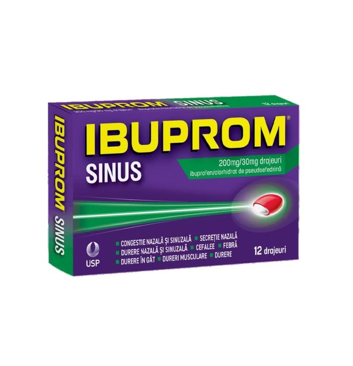 Ibuprom Sinus, 200mg/30mg, 12 Drajeuri, USP - Farmacia Morpheus